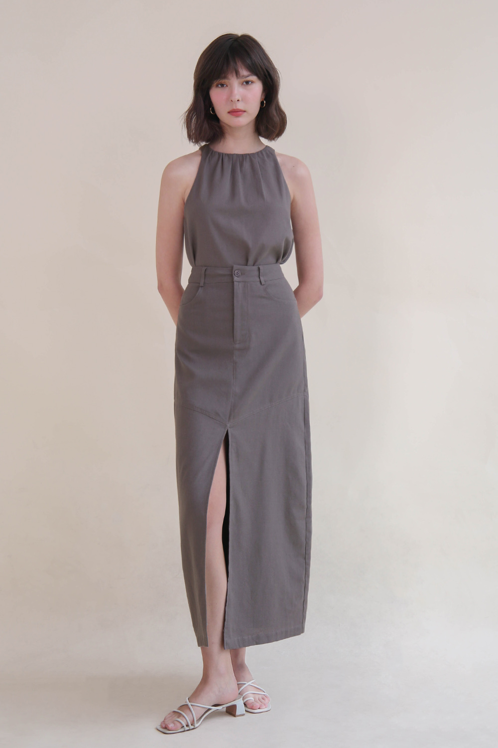 LARA HIGH SLIT LINEN MAXI SKIRT GREY | The Willow Label