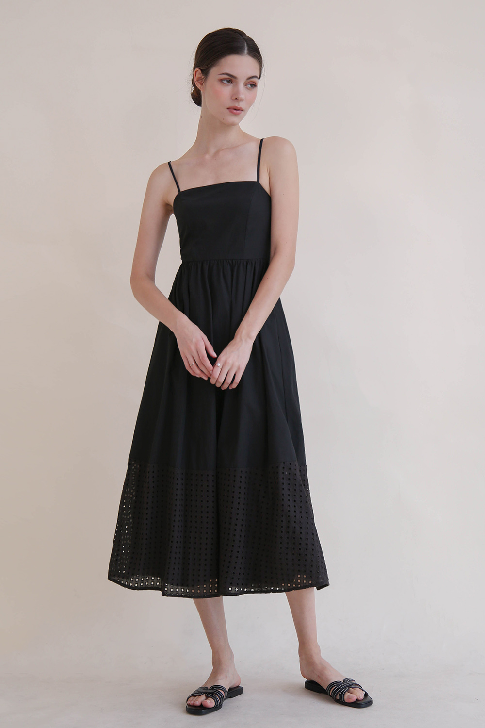 SANDI EYELET HEM DRESS BLACK | The Willow Label