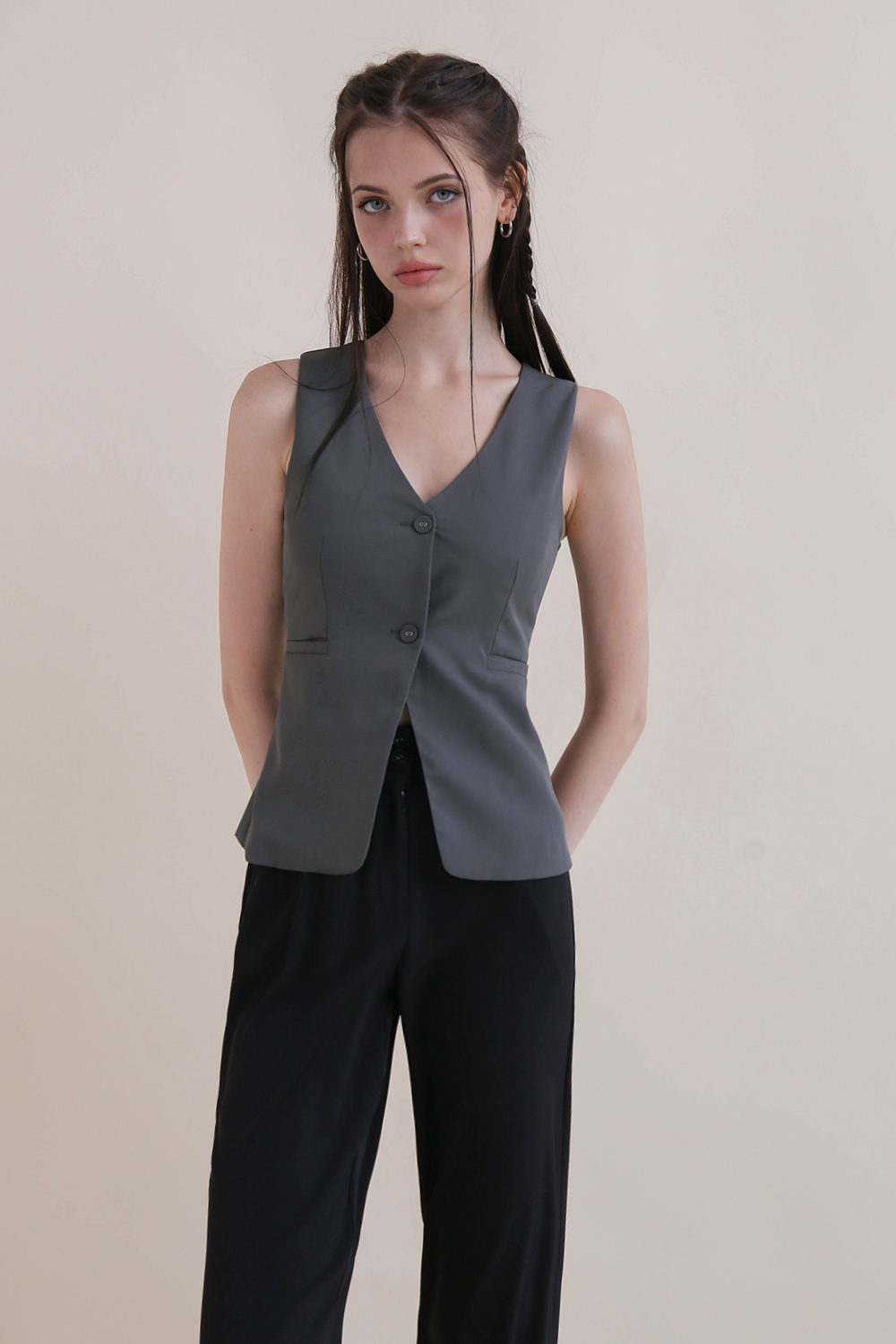 WILMA OPENFRONT BUTTON VEST TOP GREY | The Willow Label