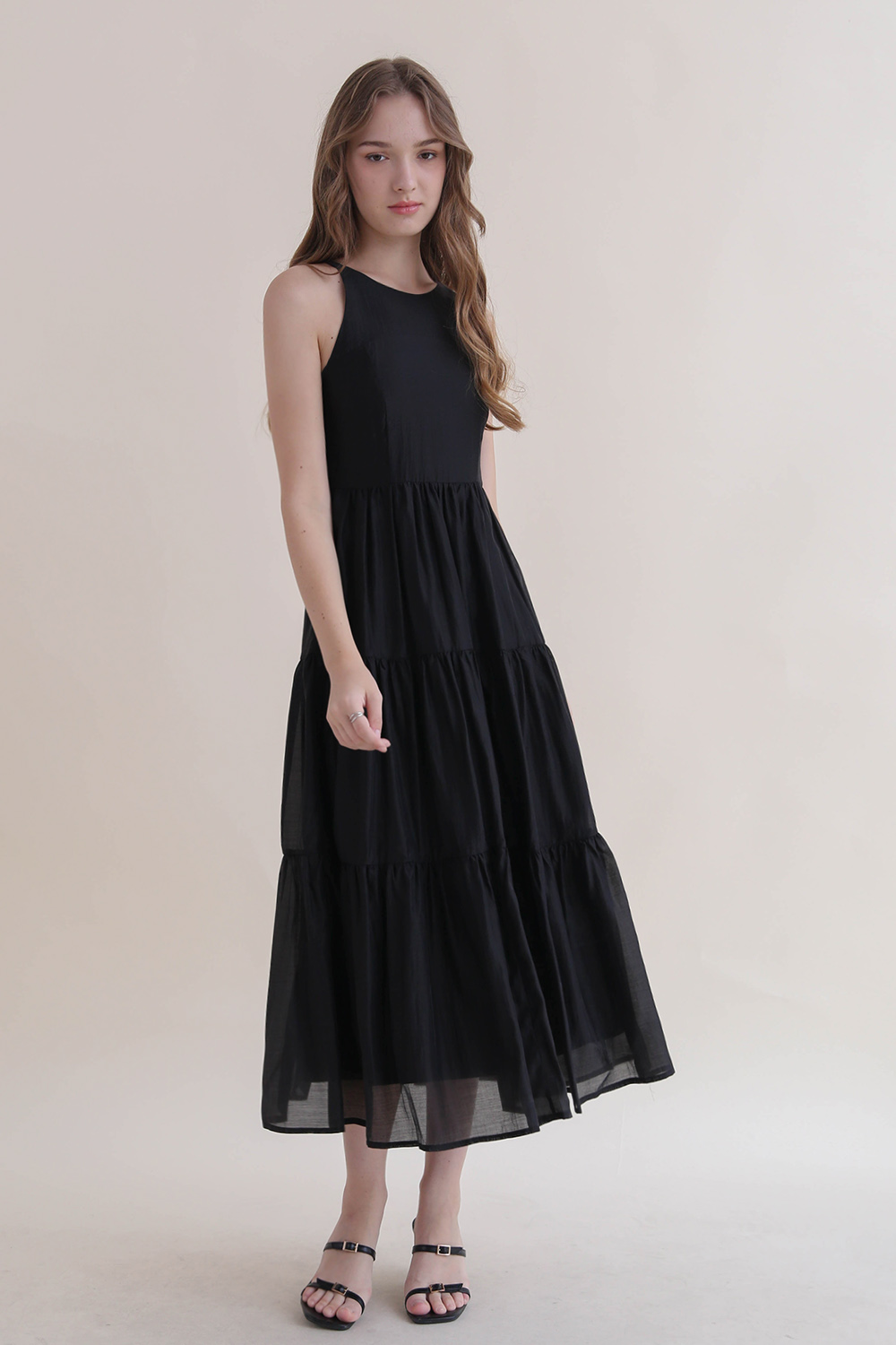 AUBRE HIGH NECK TIER DRESS BLACK | The Willow Label