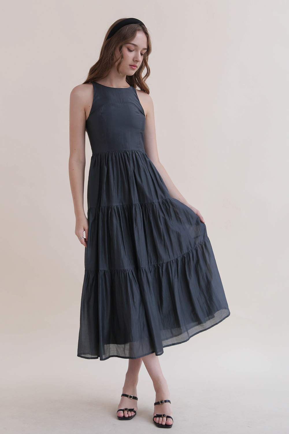 AUBRE HIGH NECK TIER DRESS STEEL | The Willow Label