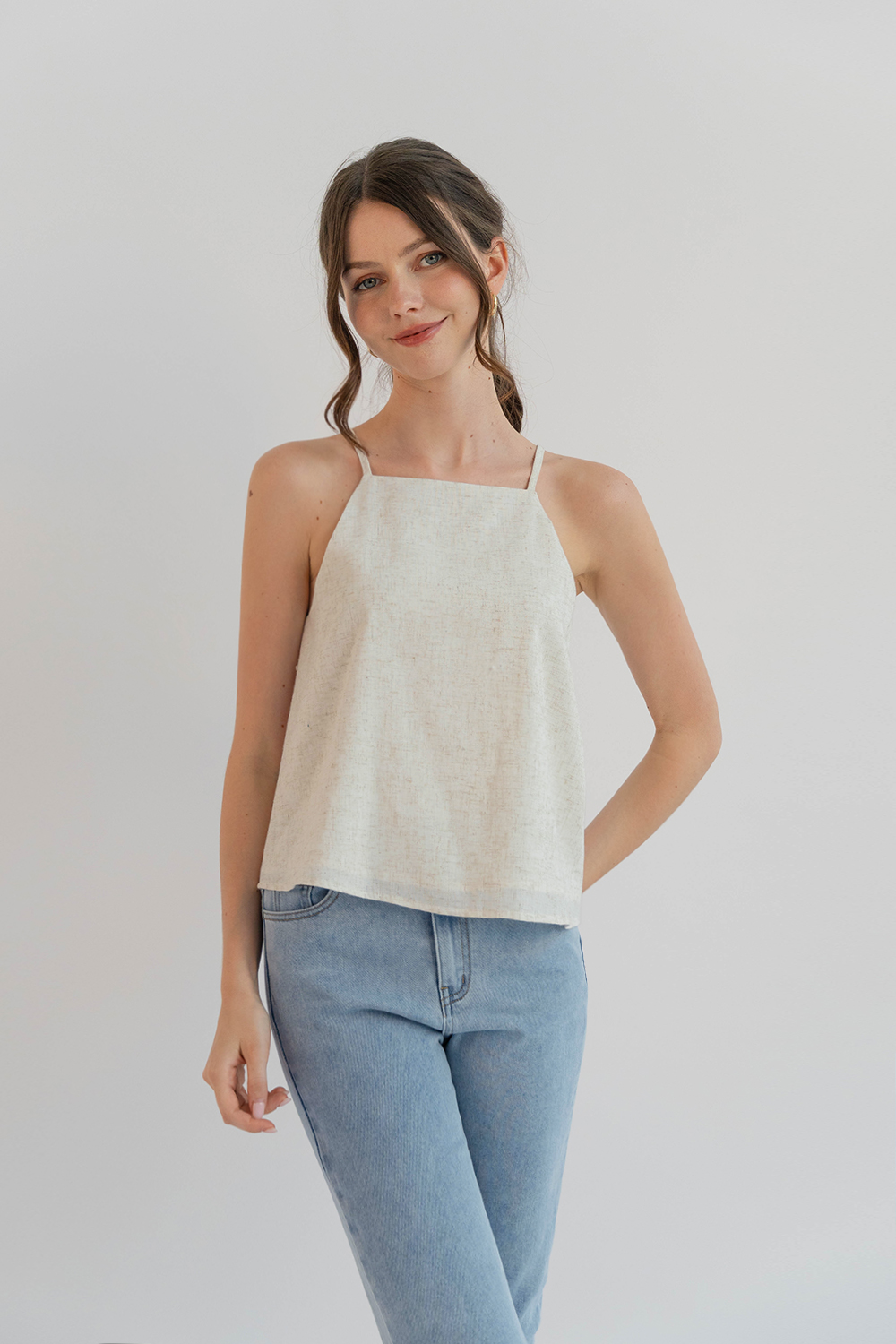 JANICE HIGH NECK LINEN TOP SAND | The Willow Label